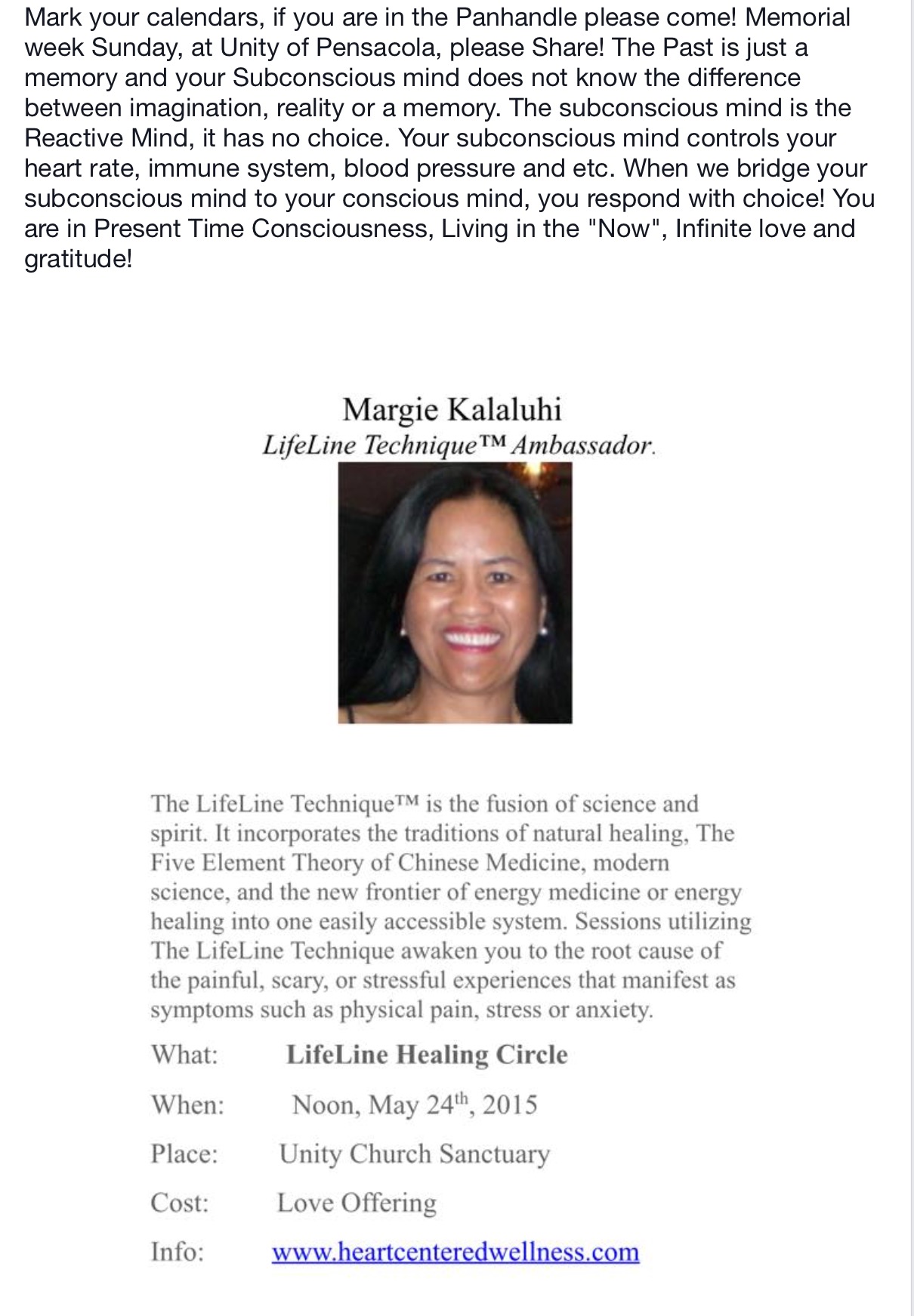 Lifeline Technique Healing Circle at Unity of Pensacola | Heart ...